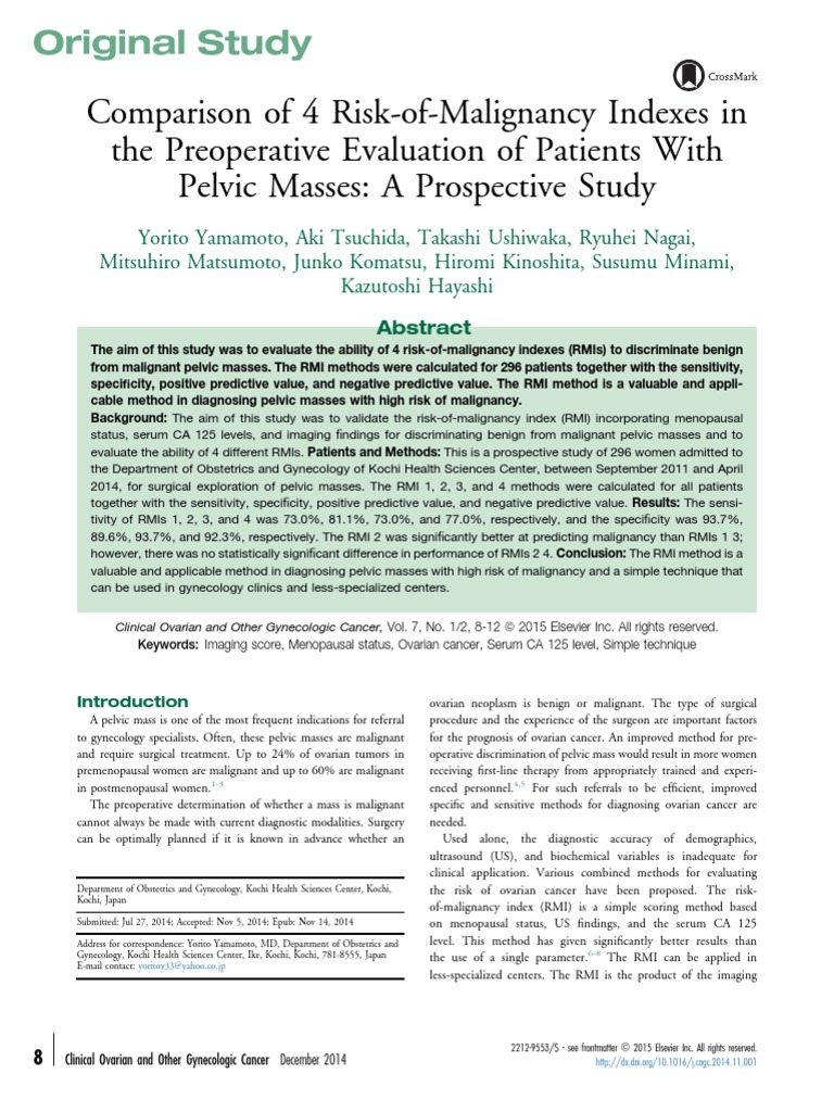 Comparing the Accuracy of Four Risk-of-Malignancy Indexes in Predicting Malignant Pelvic Masses ...