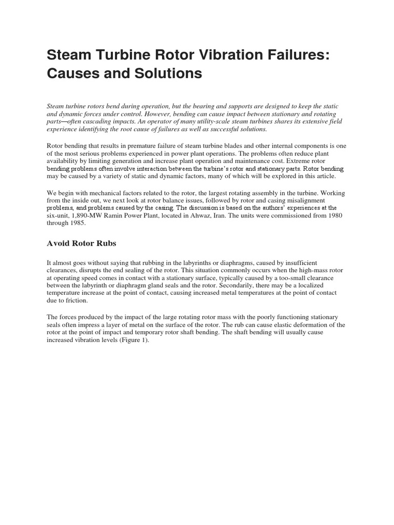 Steam Turbine Rotor Vibration Failures | PDF | Turbine | Bearing ...