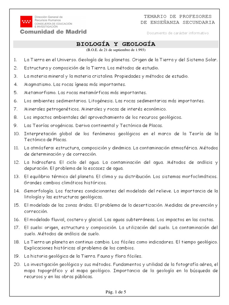 Temario Oposiciones Secundaria Biología y Geología Madrid | Biología ...