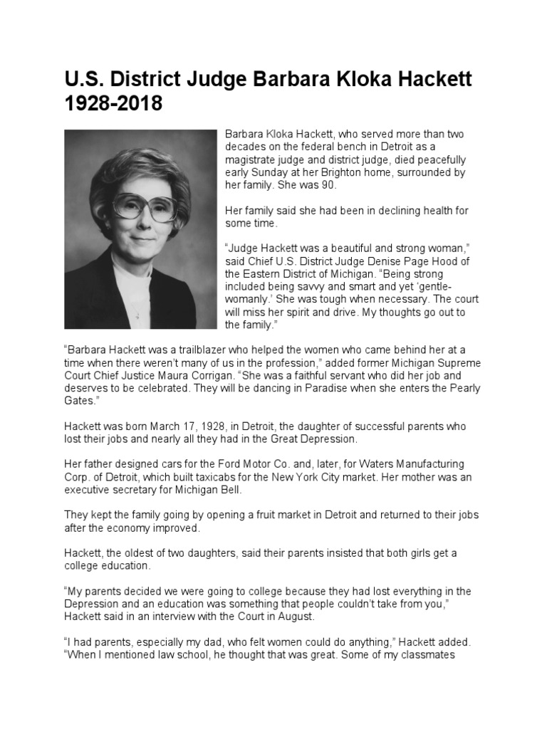 Barbara Hackett Obituary | PDF | Detroit | Law Clerk Barbara Hackett Obituary | PDF | Detroit | Law Clerk