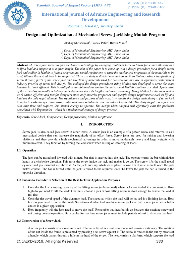 Design and Optimization of Mechanical Screw JackUsing Matlab Program ...