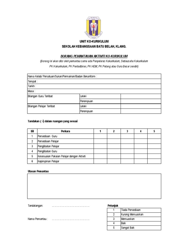 Borang Pemantauan Aktiviti Kokurikulum SKBB | PDF
