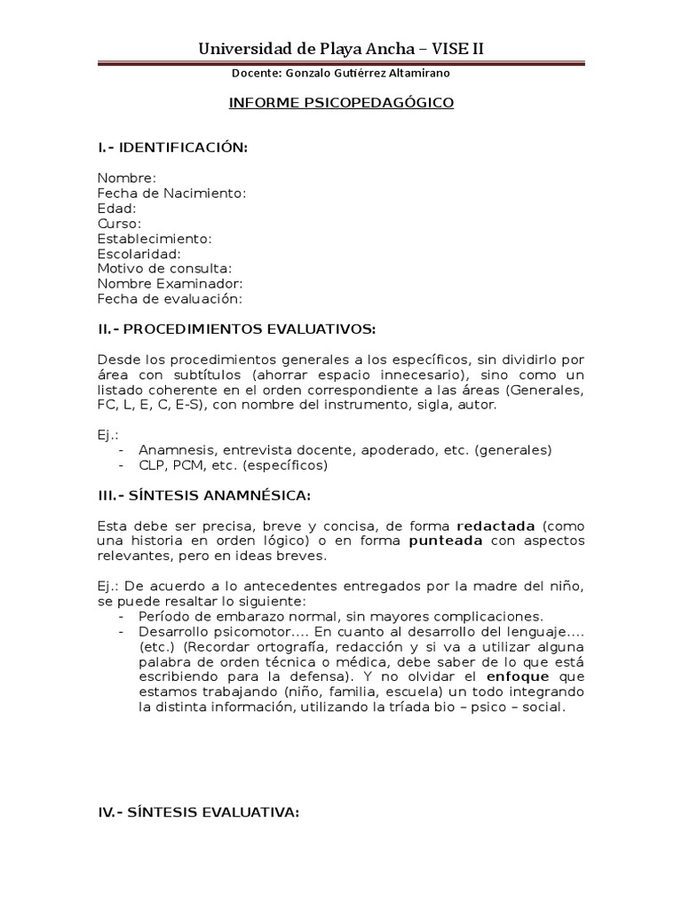 Modelo Con Ejemplos de Informe Psicopedagogico | PDF | Maestros | Neurociencia