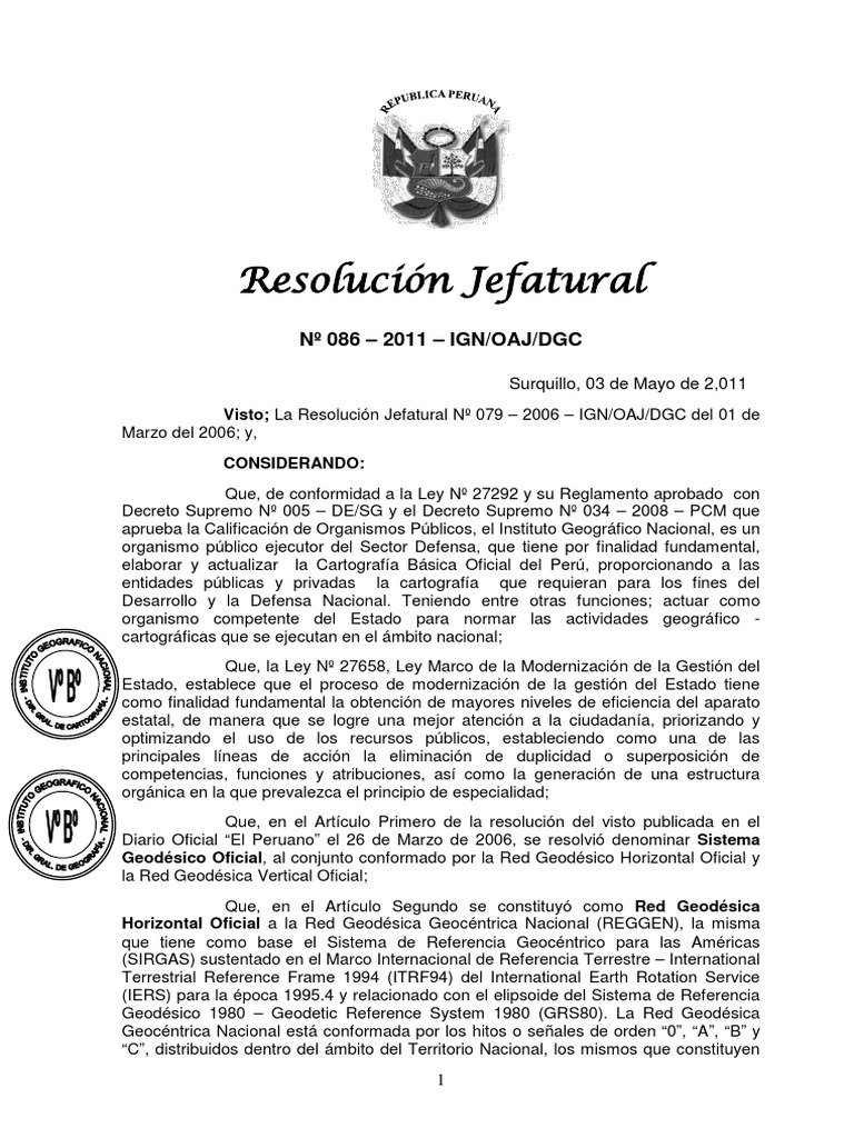 Resol - Jefa - 086-2011-IGN-OAJ-DGC (Dan Por Concluido A PSAD56) PDF | PDF | Geodesia | Perú
