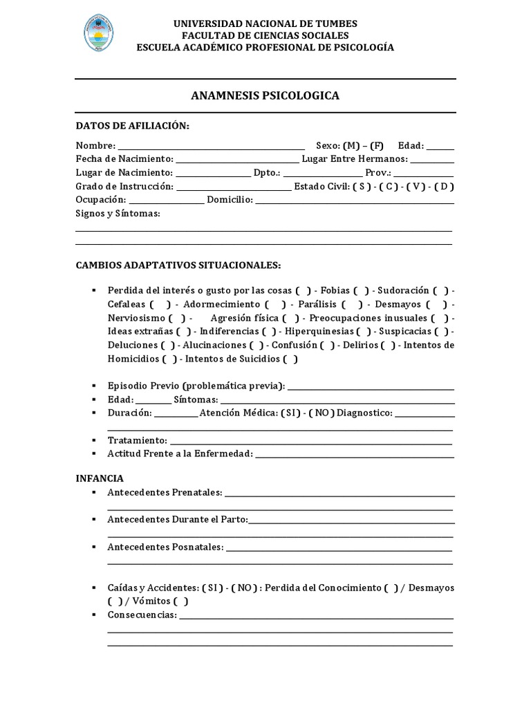 Anamnesis Psicologico para Jovenes | PDF | Comportamiento | Sicología