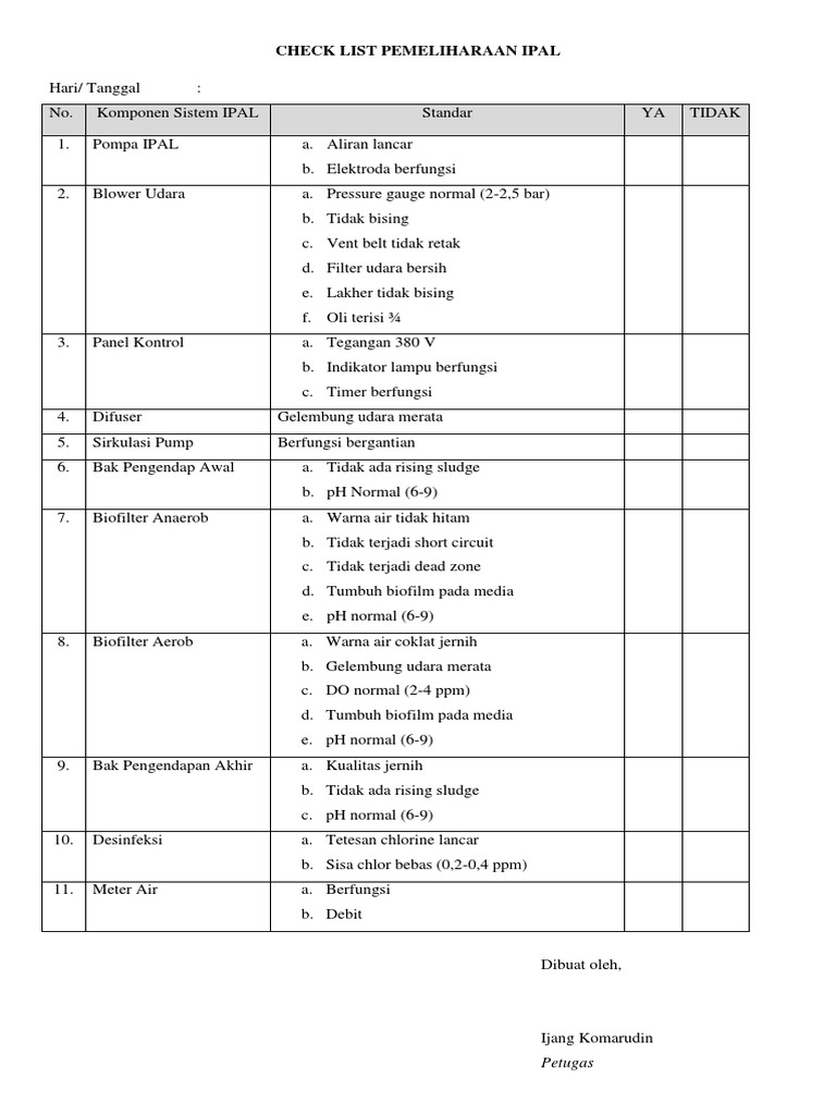 Check List Pemeliharaan Ipal | PDF