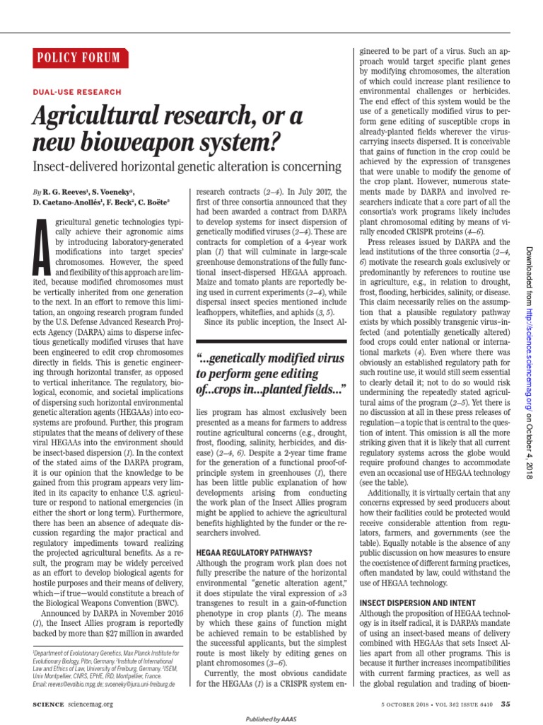 Agricultural Research, or A New Bioweapon System?: Insect-Delivered ...