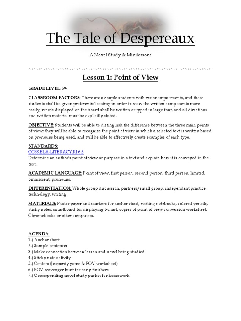 The Tale of Despereaux Novel Study Unit 2 | PDF | Narration | Laptop