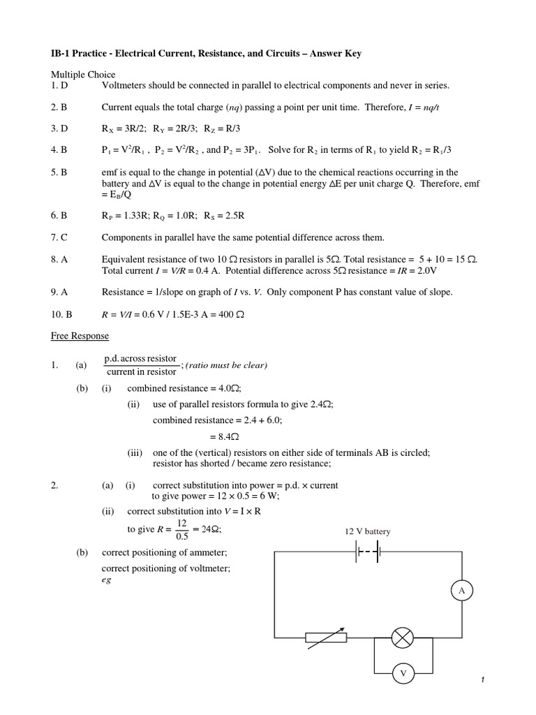 IB Physics Current and Circuits Answers | PDF | Electrical Resistance ...