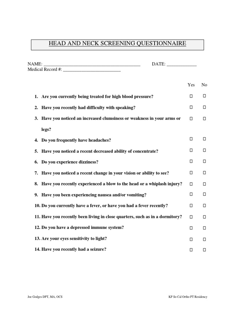 Head and Neck Health Questionnaire | PDF