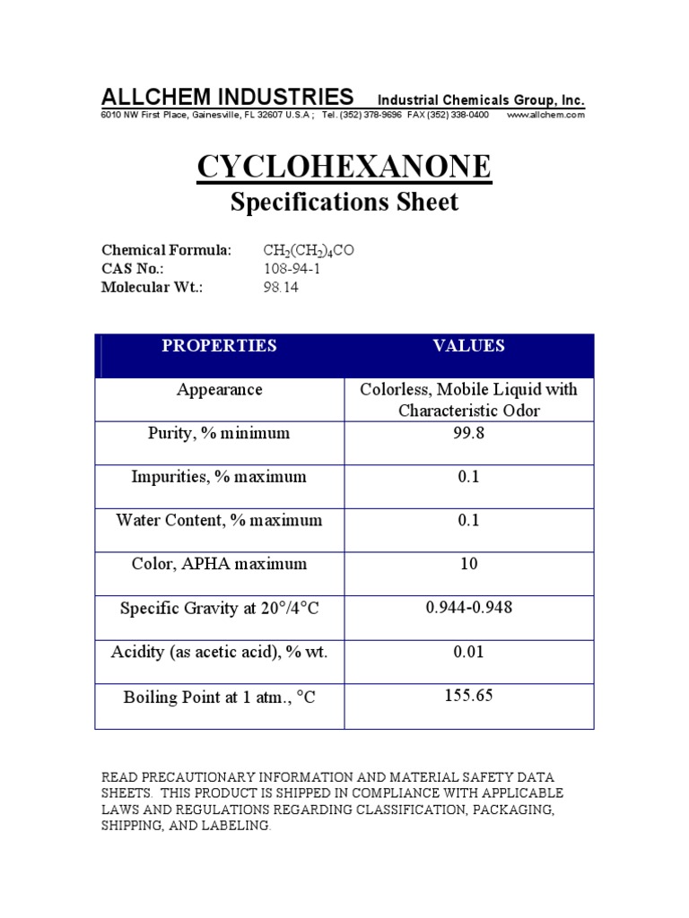 Cyclohexanone: Specifications Sheet | PDF