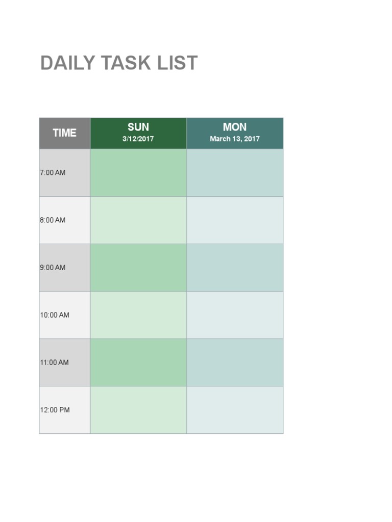 Daily Task List: Time SUN MON | PDF