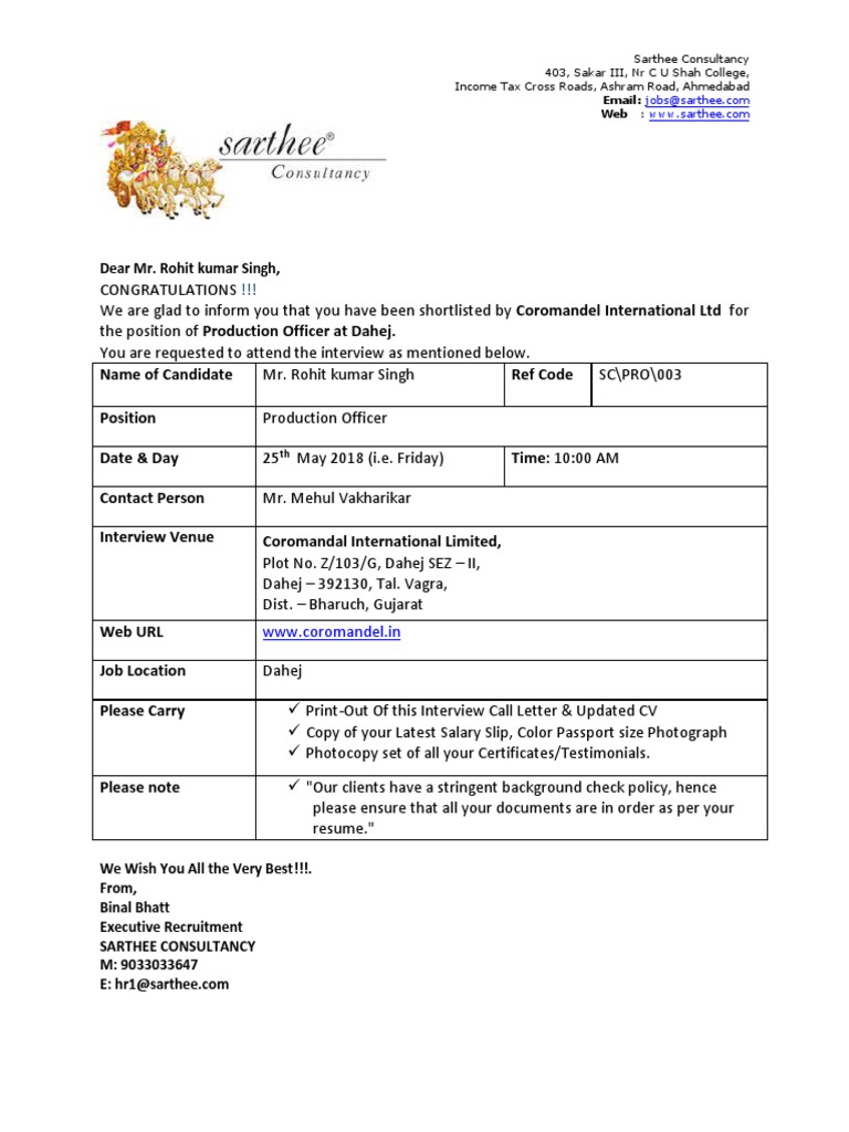 Interview Invitation for Production Officer | PDF