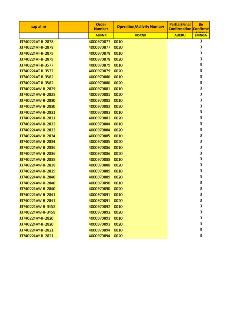 Sap at NR Operation/Activity Number Order Number Partial/Final ...