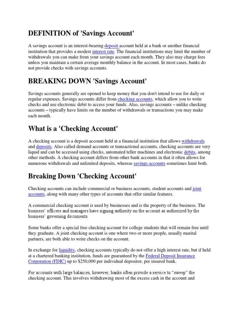 DEFINITION of 'Savings Account': Deposit Interest Rate | PDF ...