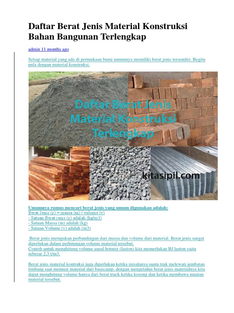 Daftar Berat Jenis Material Konstruksi Bahan Bangunan Terlengkap | PDF