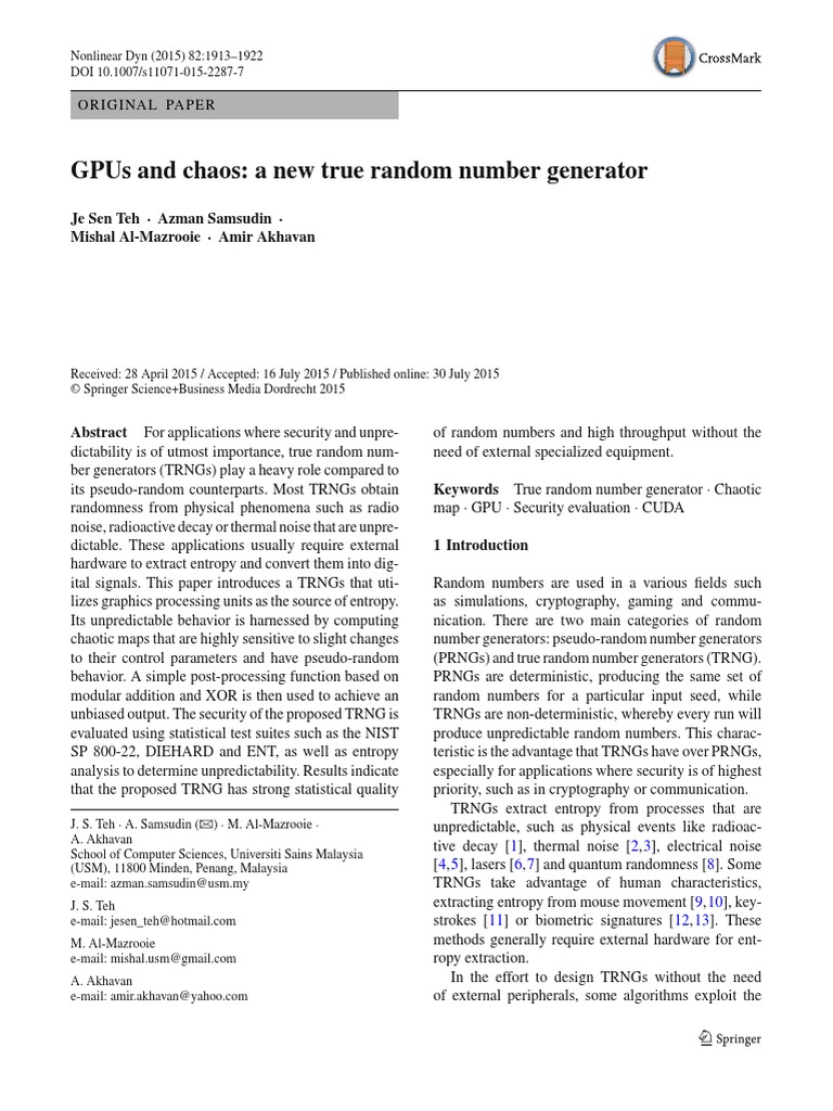 Gpus and Chaos: A New True Random Number Generator: Originalpaper | PDF | Thread (Computing ...