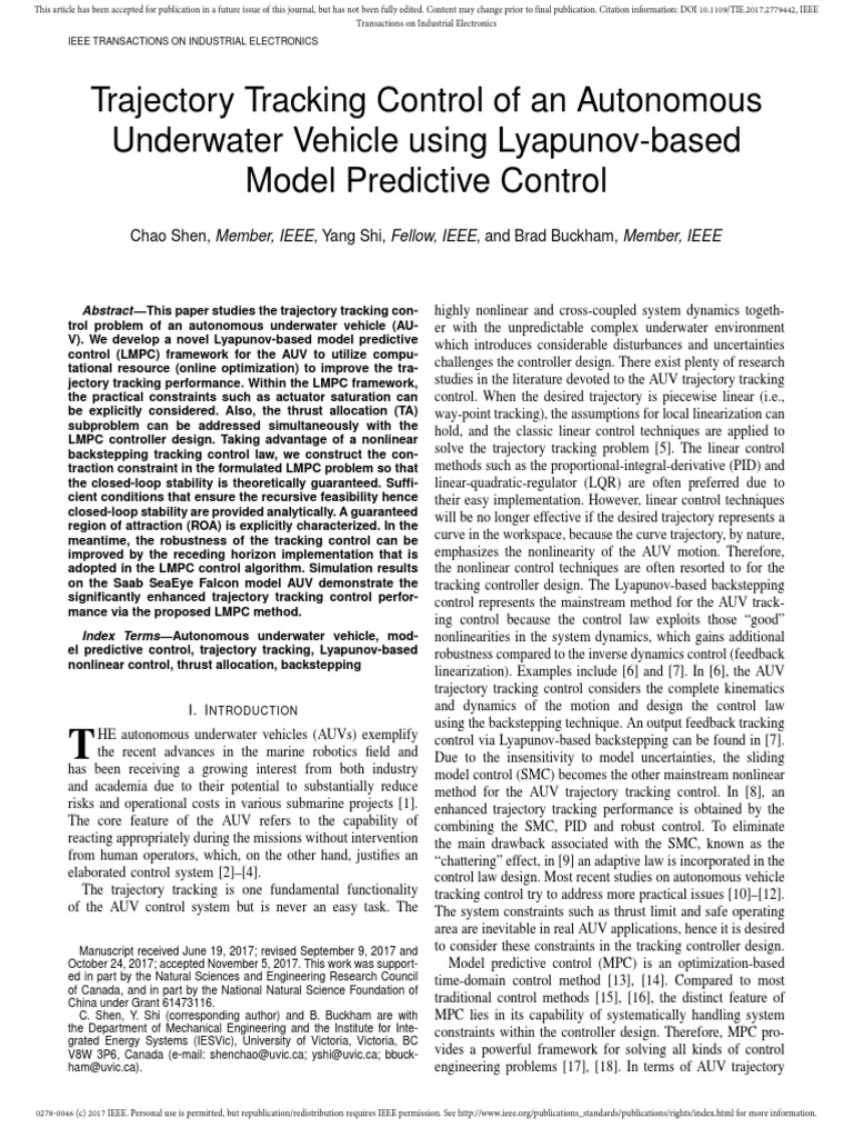 Trajectory Tracking Control of An Autonomous Underwater Vehicle Using Lyapunov-Based Model ...