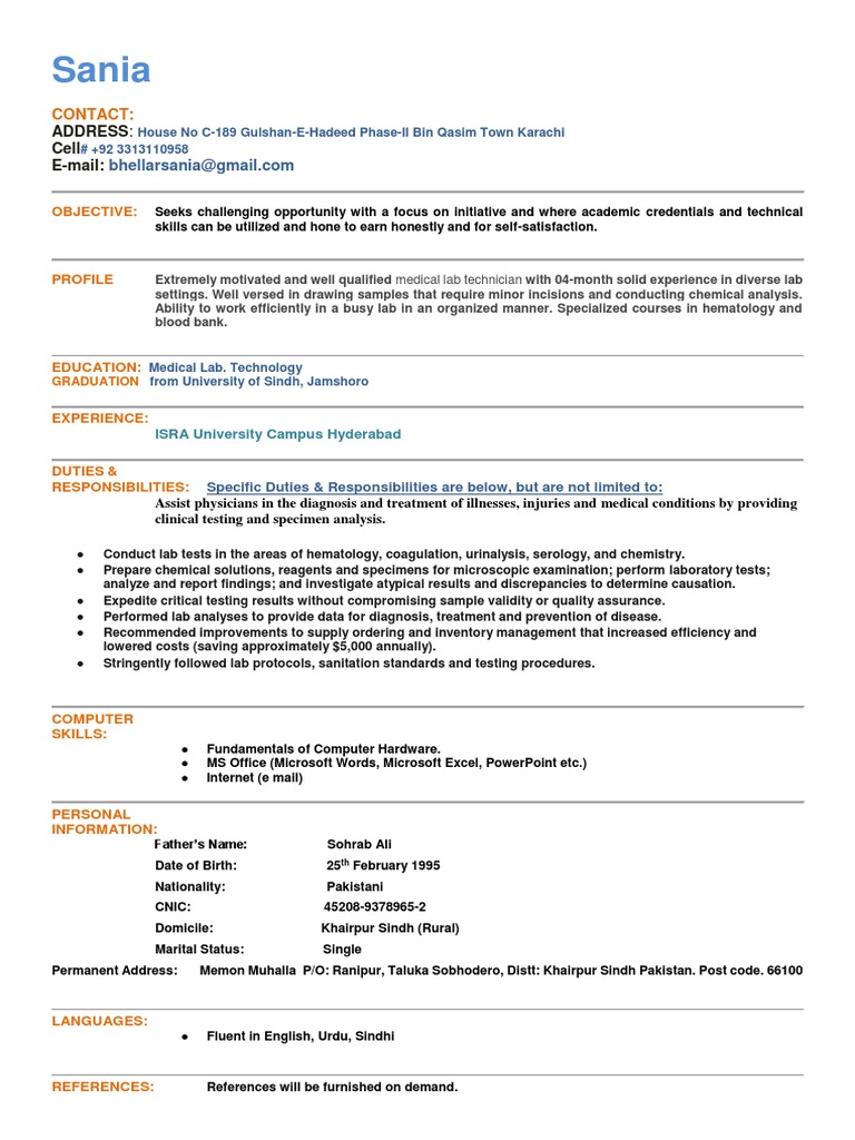 Sania CV | PDF | Laboratories | Medical Diagnosis