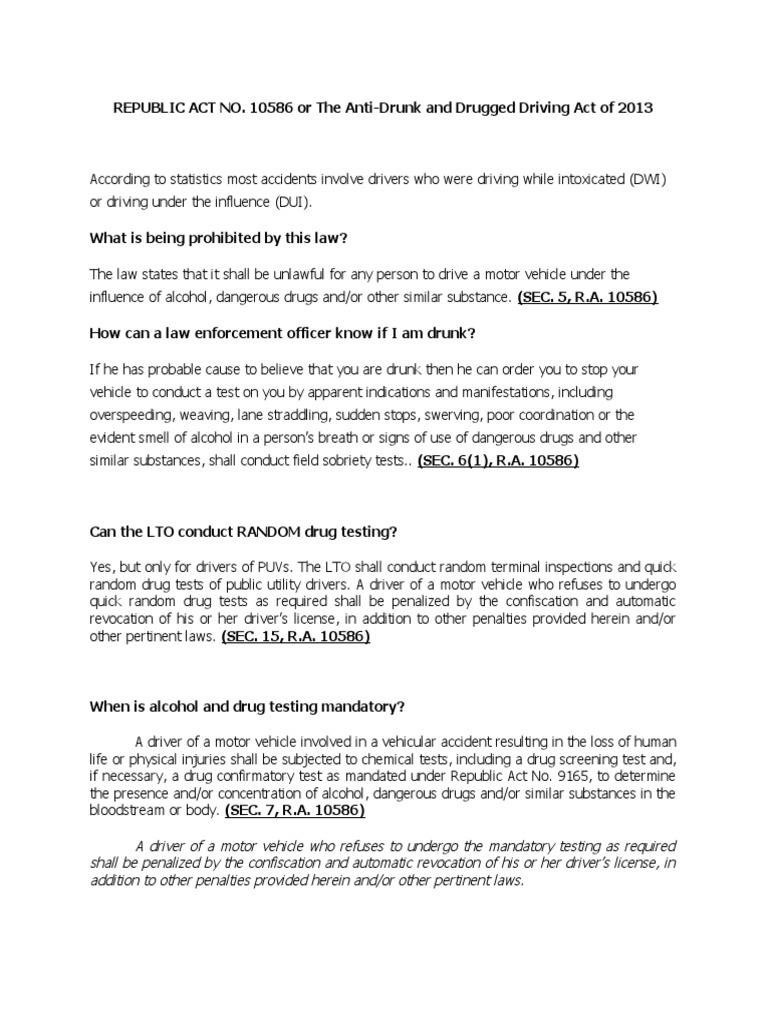 REPUBLIC ACT NO. 10586 or the Anti Drunk and Drugged Driving Act of ...