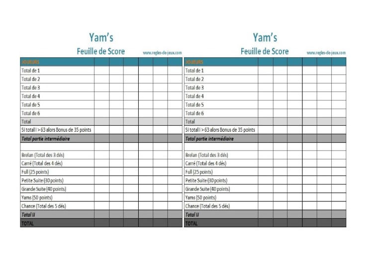 Feuille Score Yams | PDF