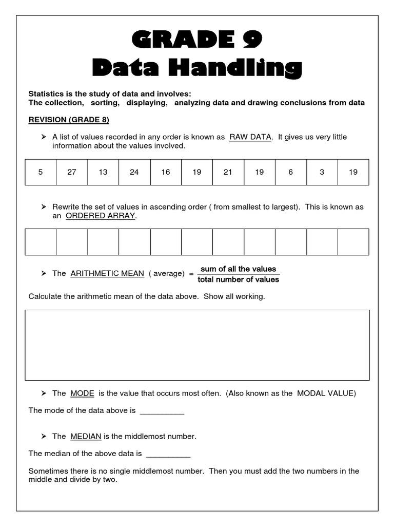 Data Handling Notes and Exercises | PDF | Pie Chart | Arithmetic Mean