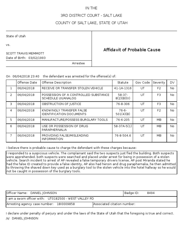 Scott Memmott 0605 Probable Cause Statement | PDF | Arrest | Misconduct