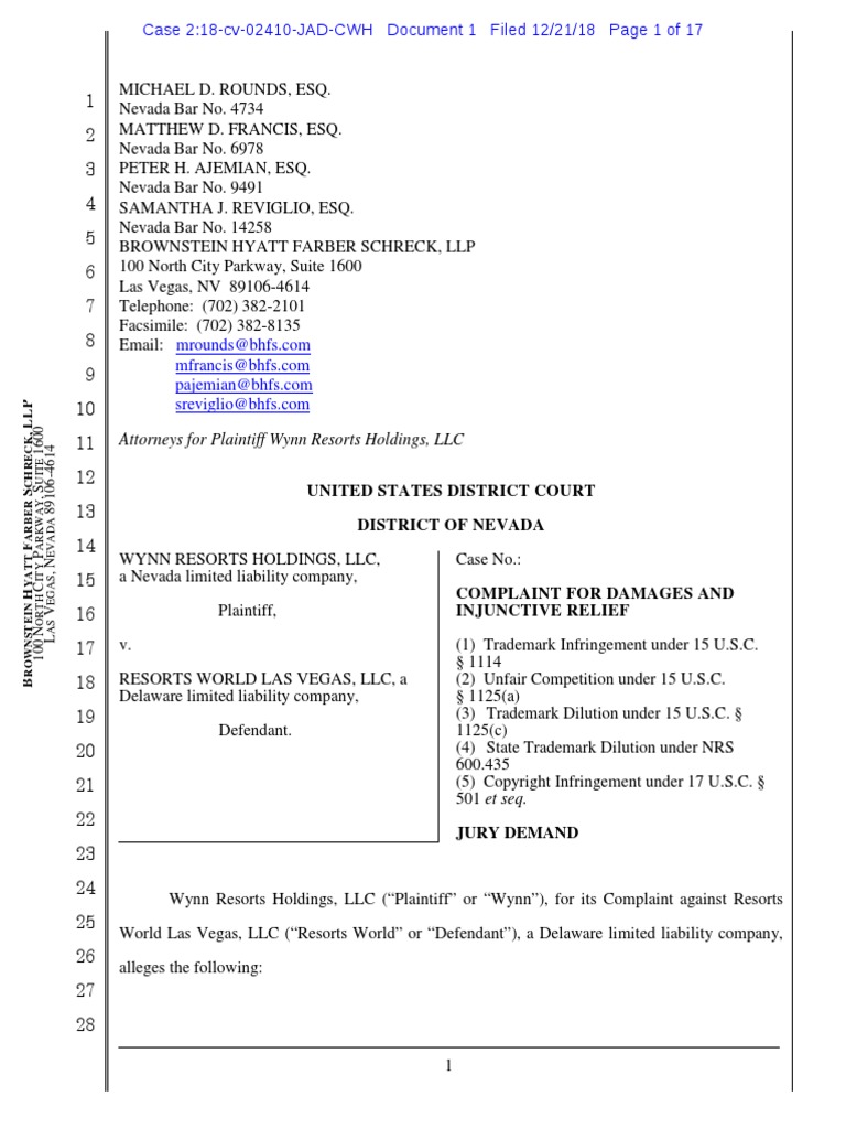 Wynn Resorts vs. Resorts World Las Vegas Lawsuit | PDF | Trade Dress ...