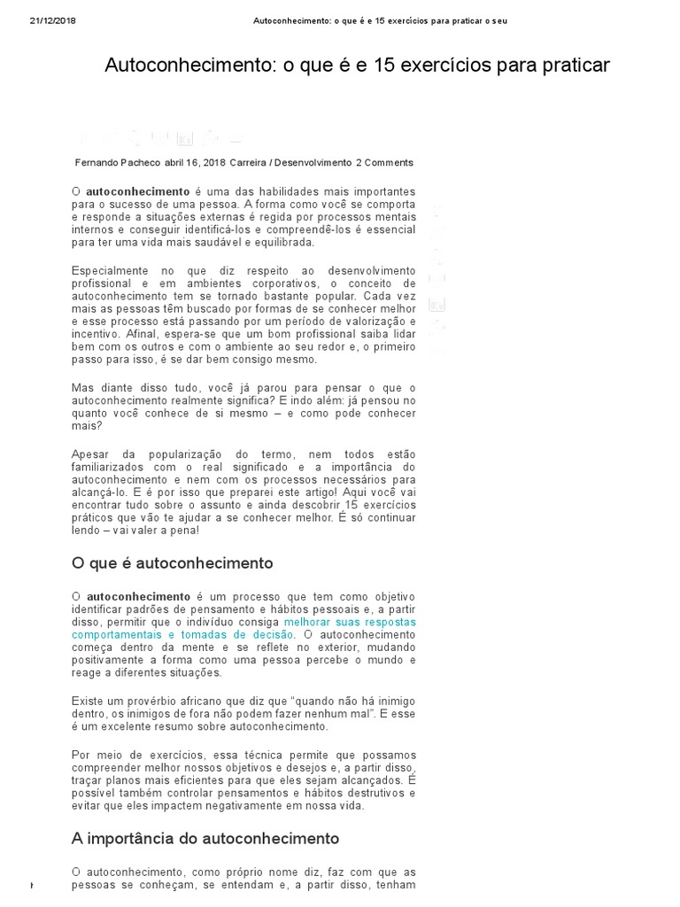 Autoconhecimento - o Que É e 15 Exercícios para Praticar o Seu | PDF | Humano | Pensamento