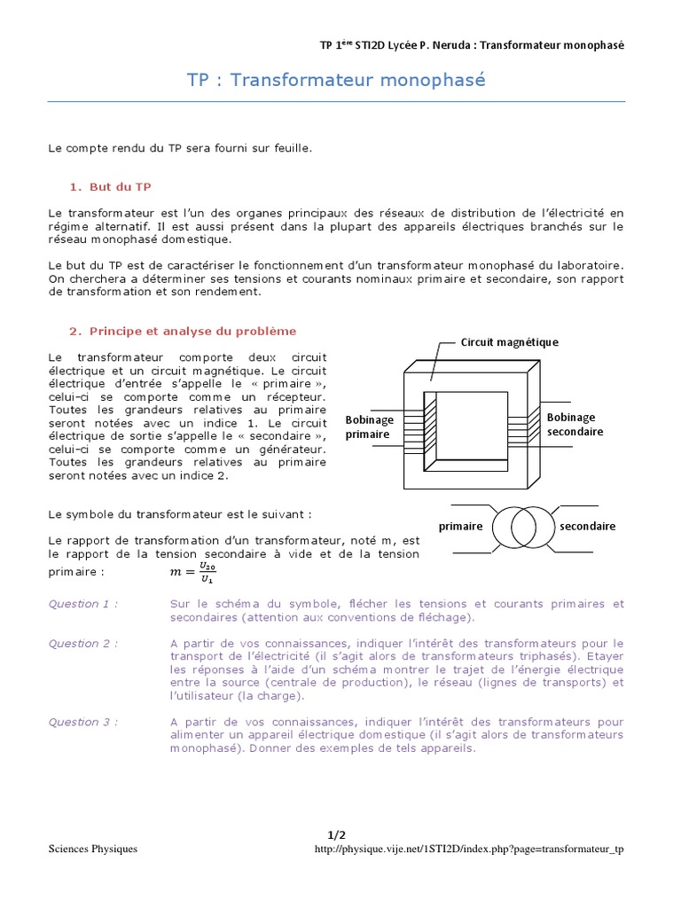 TP Transformateur Monophasé STI2D | PDF | Réseau électrique | Transformateur électrique