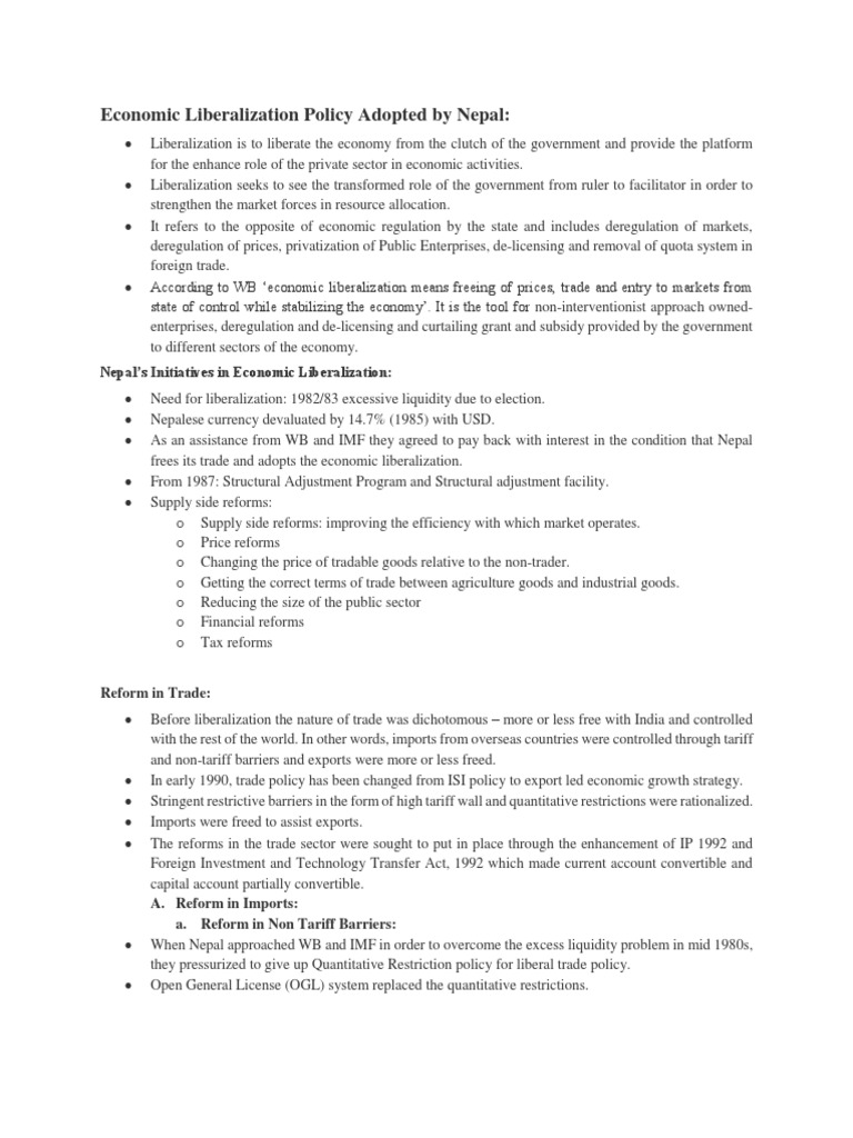 Economic Liberalization Policy Nepal | PDF | Non Tariff Barriers To ...
