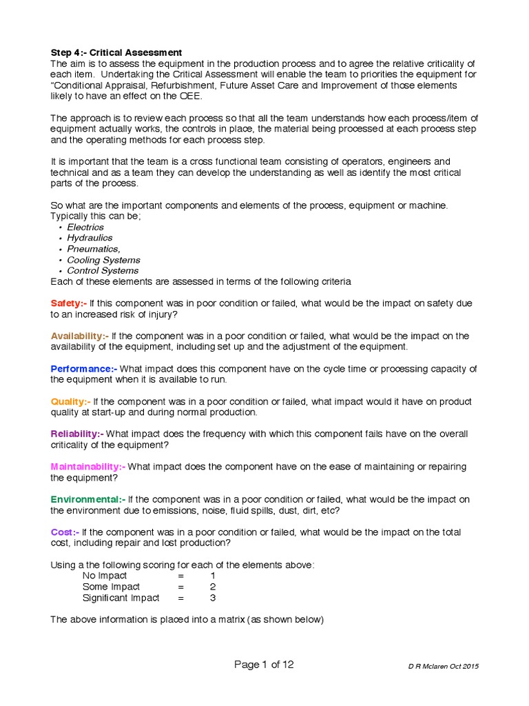 Critical Assessment for Asset Care | PDF | Reliability Engineering | Safety