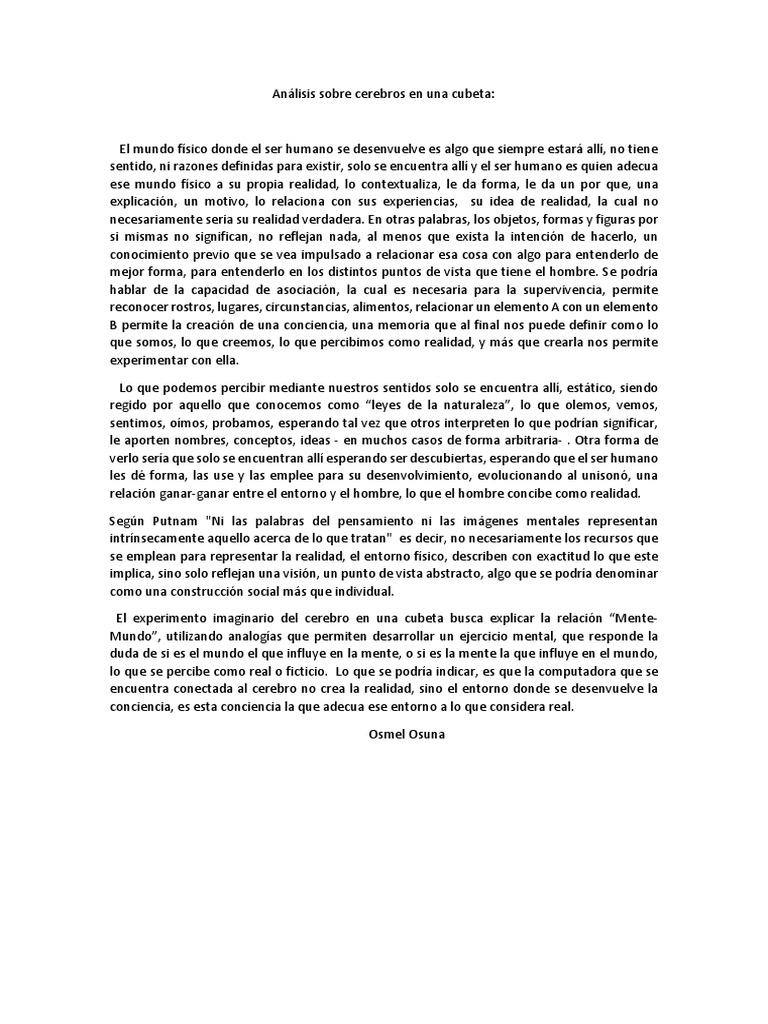 Análisis Sobre Cerebros en Una Cubeta | PDF | Realidad | Mente Análisis Sobre Cerebros en Una Cubeta | PDF | Realidad | Mente