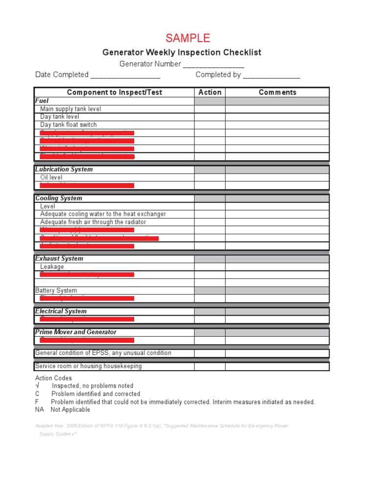 Sample: Generator Weekly Inspection Checklist | PDF