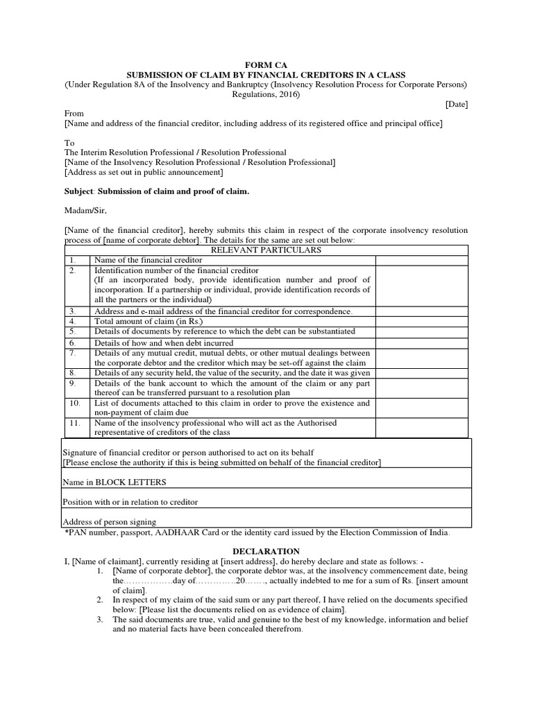 Form Ca Submission of Claim by Financial Creditors in A Class | Download Free PDF | Bankruptcy ...