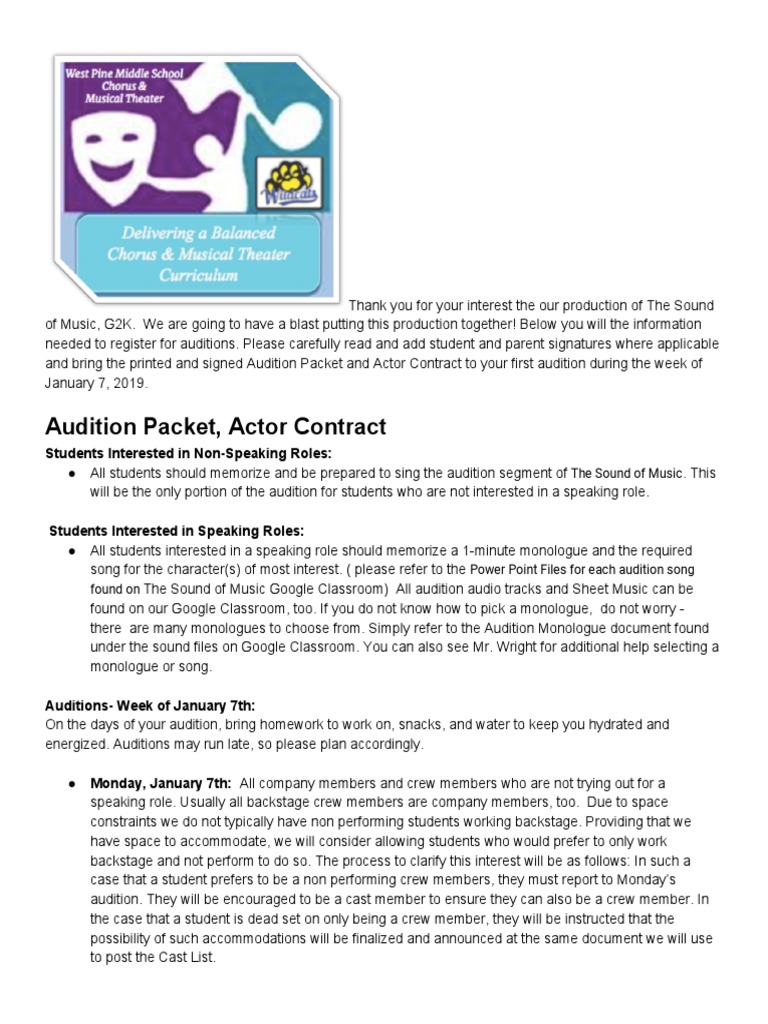 The Sound of Music Audition Packet Actor Contract Calendar 2 | PDF ...