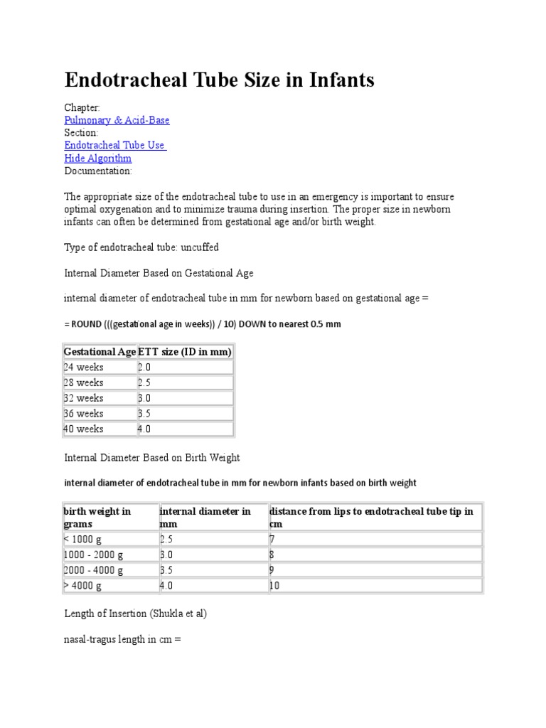 Endotracheal Tube Sizes for Neonates | PDF | Medicine | Clinical Medicine