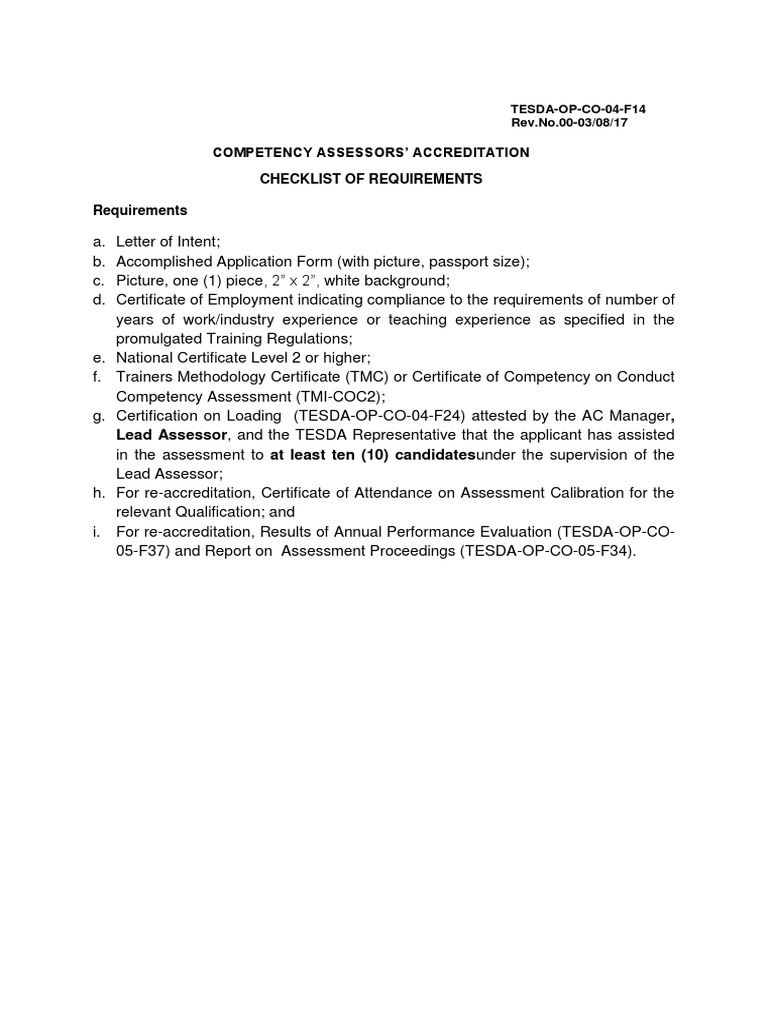 TESDA OP CO 04 Accreditation Assessors Forms | Certification | Business