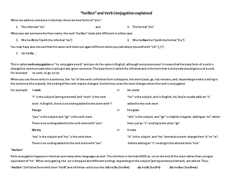 Grammar Page Week 1 Heißen Und Verb Conjugation-1 | PDF | Subject ...