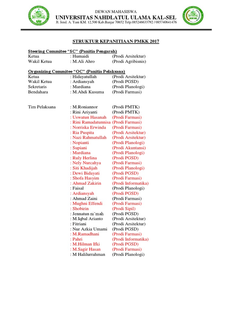 Struktur Panitia PMKK 2017 | PDF