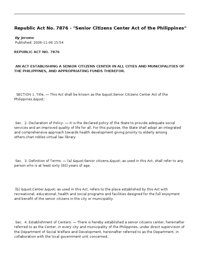Senior Citizens Center Act RA 7876 | PDF | Welfare | Old Age