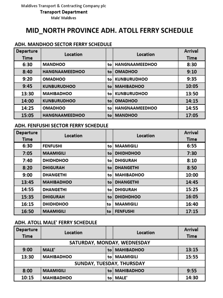 Maldives 2018 Ferry Schedule | PDF