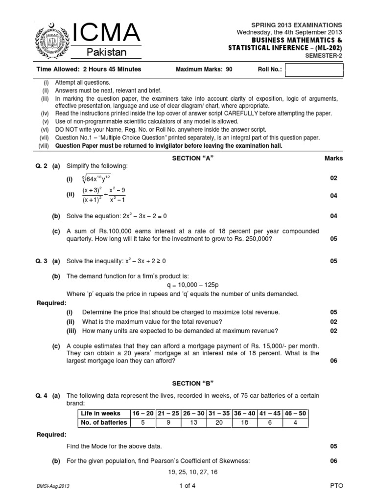ICMA Spring 2013 Exam Questions | PDF | Variance | Mean