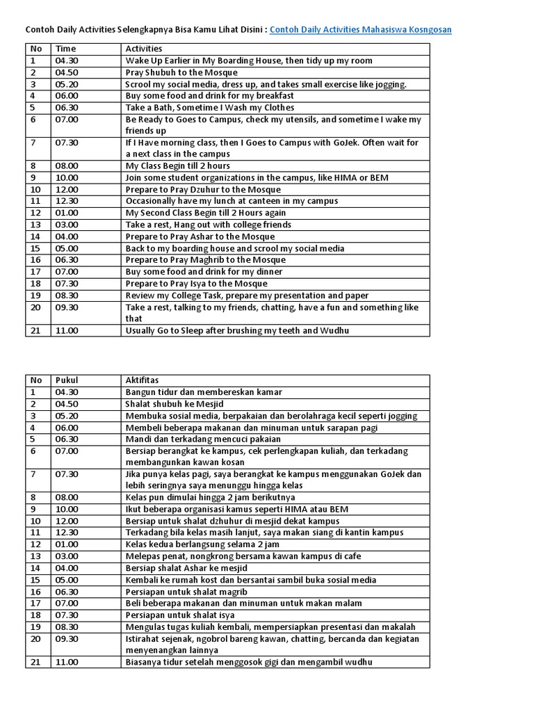 Contoh Daily Activities Pdf