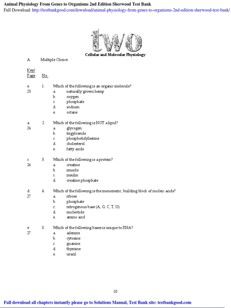 Animal Physiology From Genes Organisms 2nd Edition Sherwood Test Bank ...
