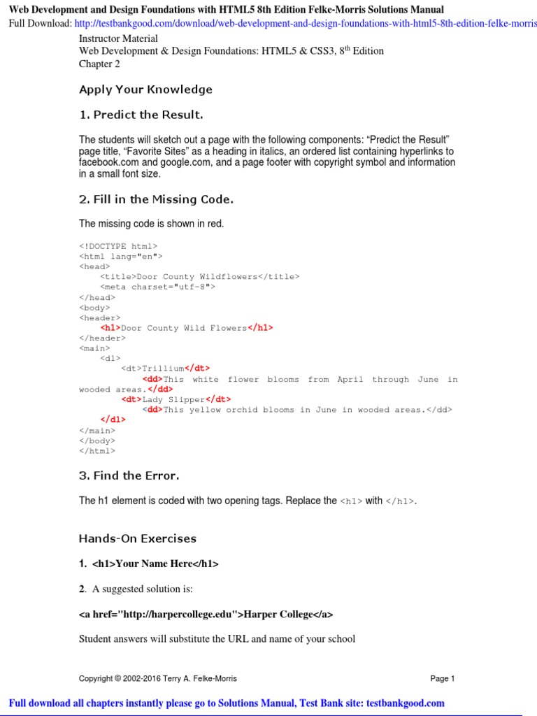 Web Development Design Foundations html5 8th Edition Felke Morris Solutions Manual PDF | PDF ...