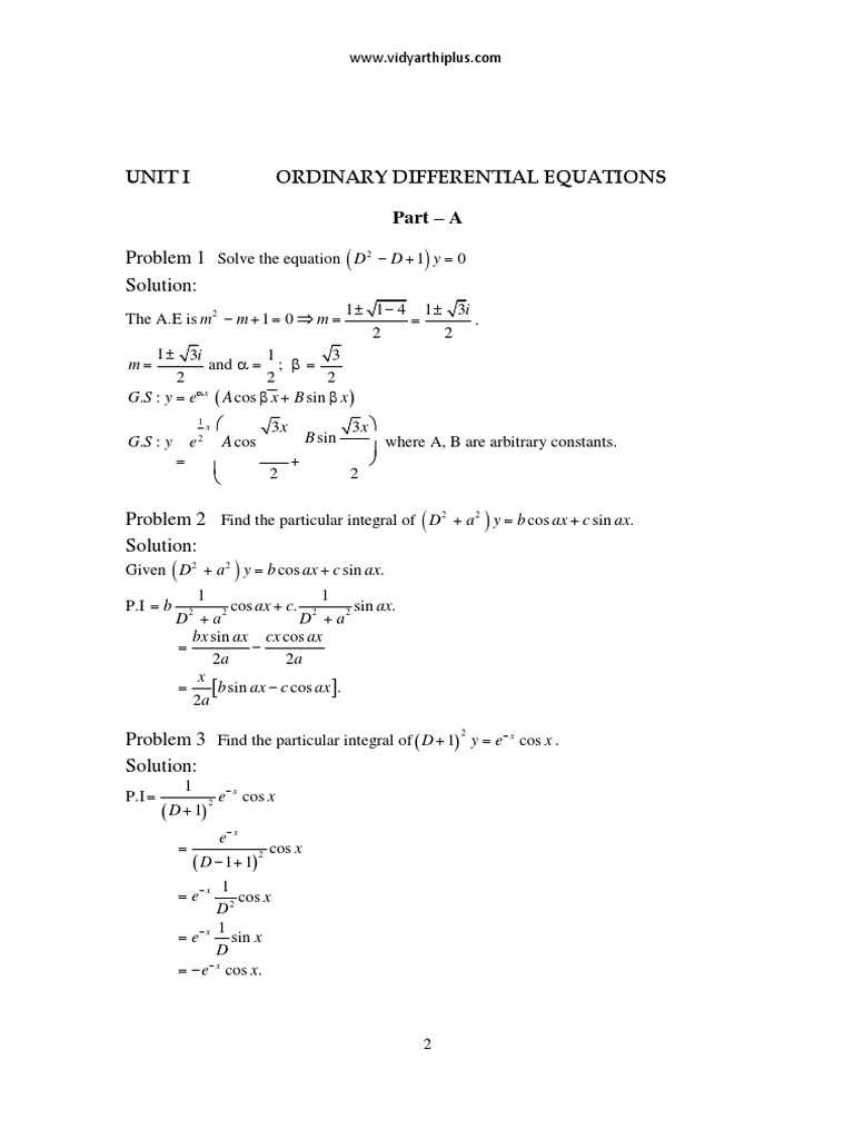 Unit I Ordinary Differential Equations Part - A: Problem 1 Solution ...