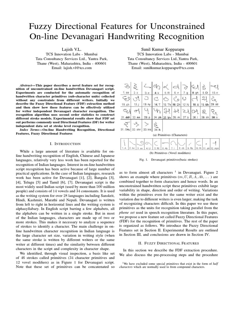 Fuzzy Directional Features For Unconstrained On-Line Devanagari Handwriting Recognition | PDF ...