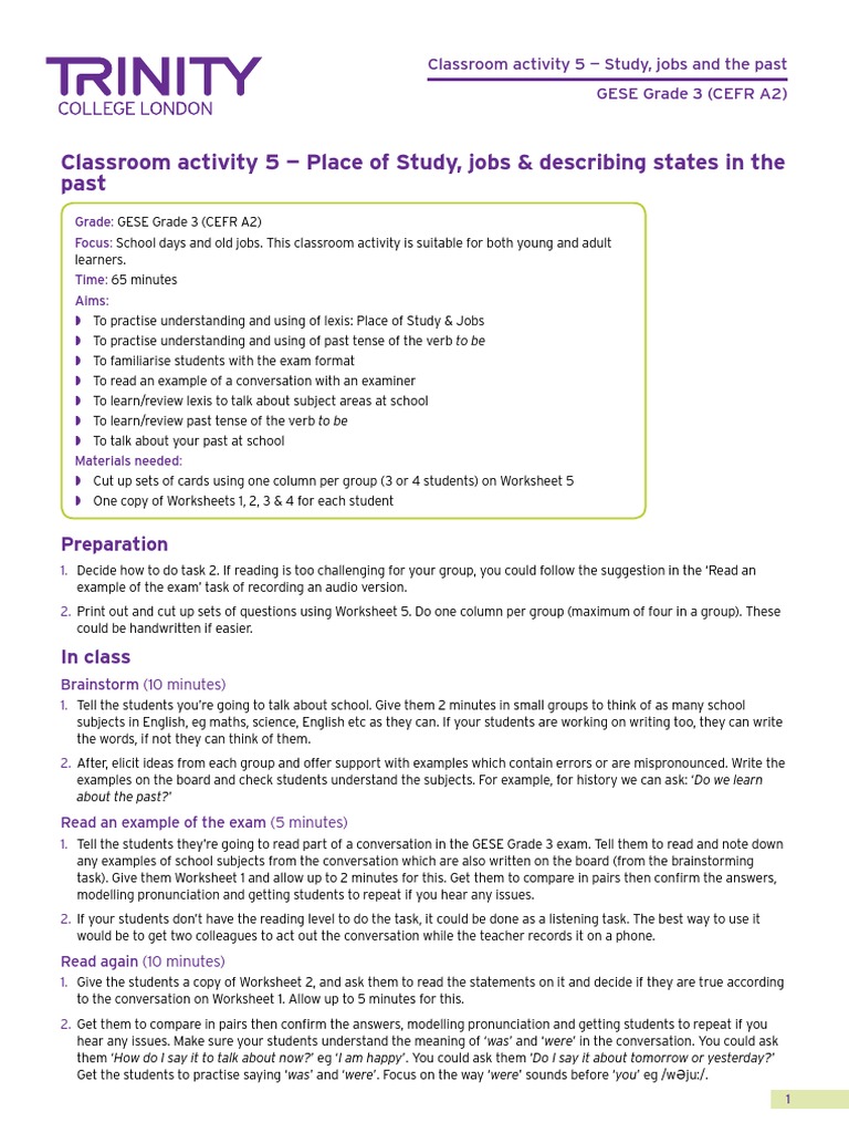 GESE G3 - Classroom Activity 5 (Adult Learners) - Place of Study, Jobs ...