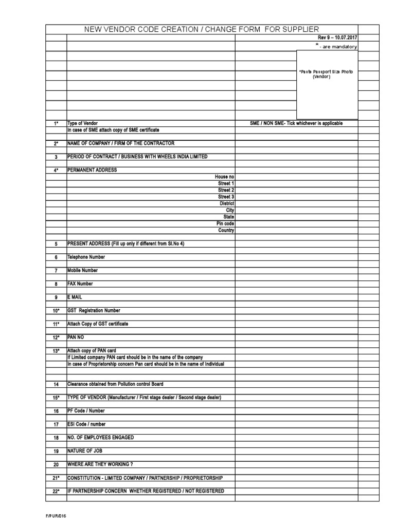 New Vendor Code Creation / Change Form For Supplier: - Are Mandatory ...